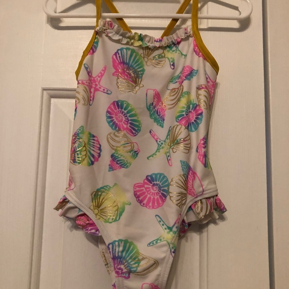 Flapdoodles | Swim | Bathing Suit With Gold Rainbow Shells And Seastars ...